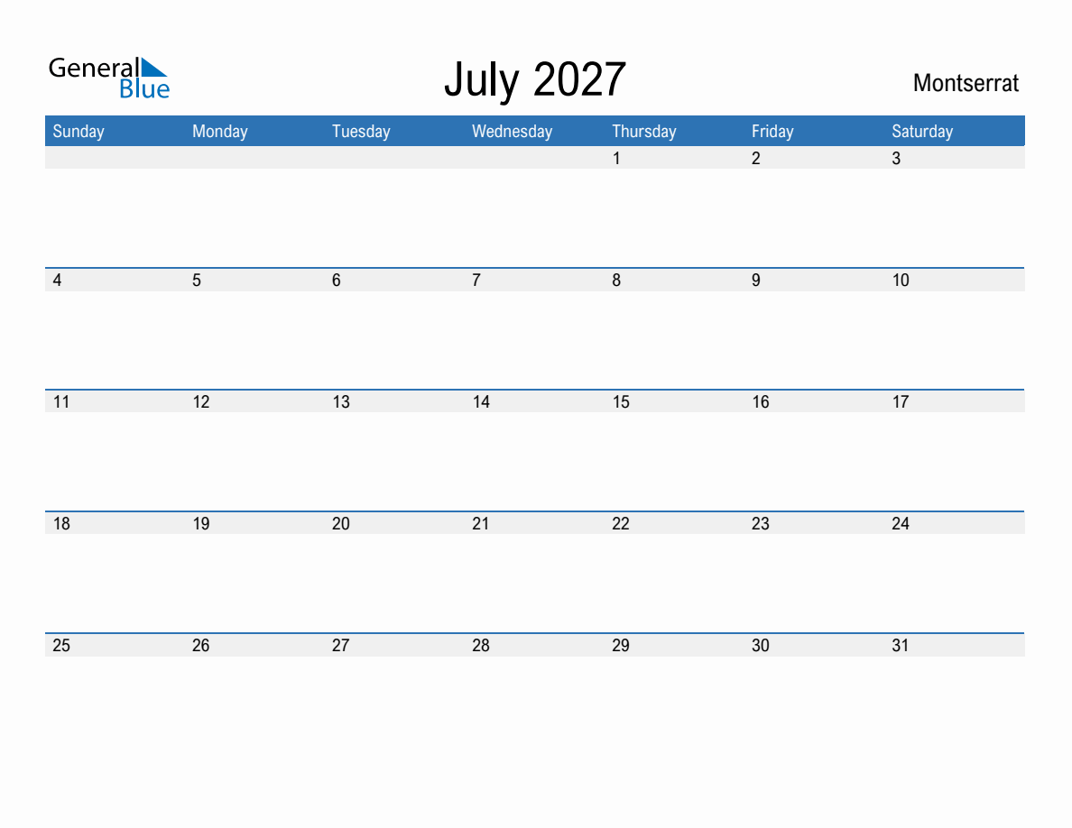 July 2027 Monthly Calendars with Montserrat Holidays