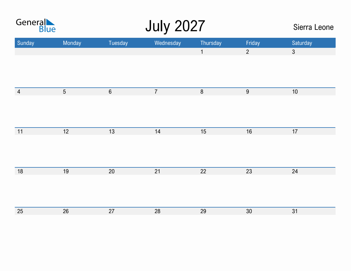 Editable July 2027 Calendar with Sierra Leone Holidays