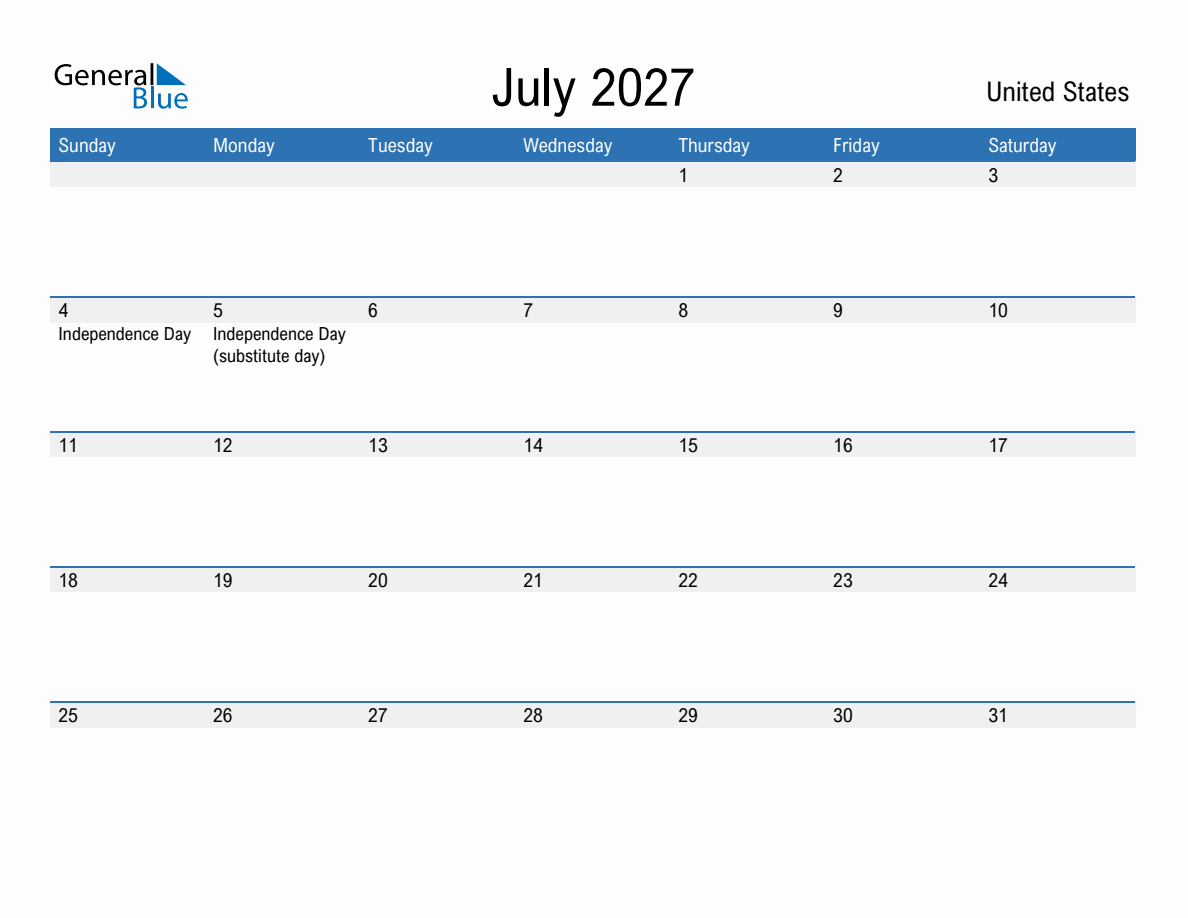 July 2027 Monthly Calendars with United States Holidays
