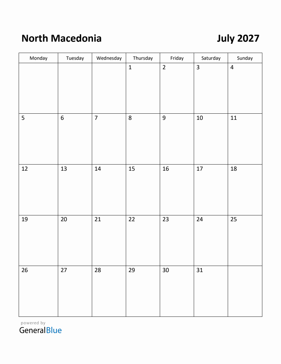 Free Printable July 2027 Calendar for North Macedonia (Monday Start)