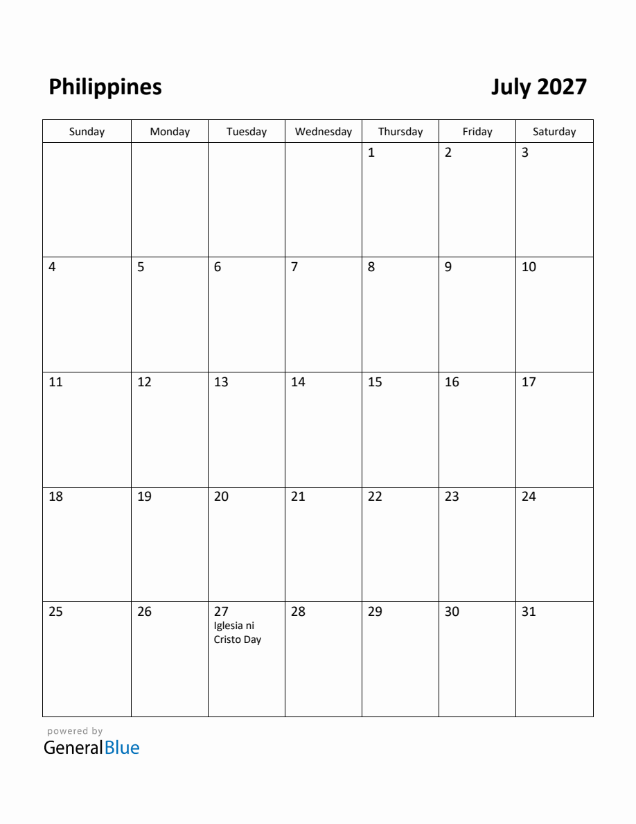 Free Printable July 2027 Calendar for Philippines