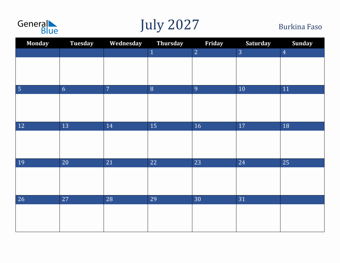July 2027 Burkina Faso Holiday Calendar (Monday Start)