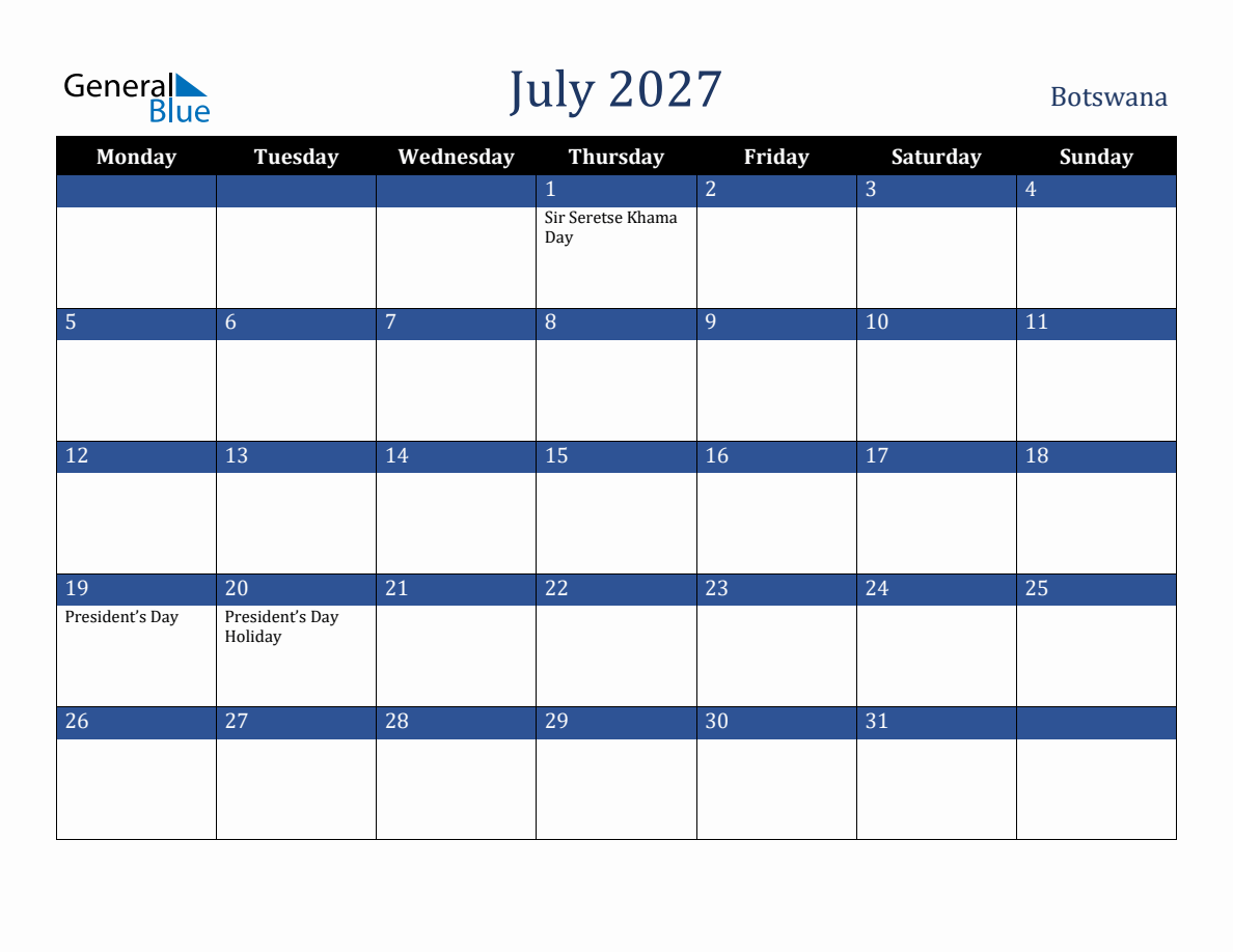 July 2027 Botswana Holiday Calendar (Monday Start)