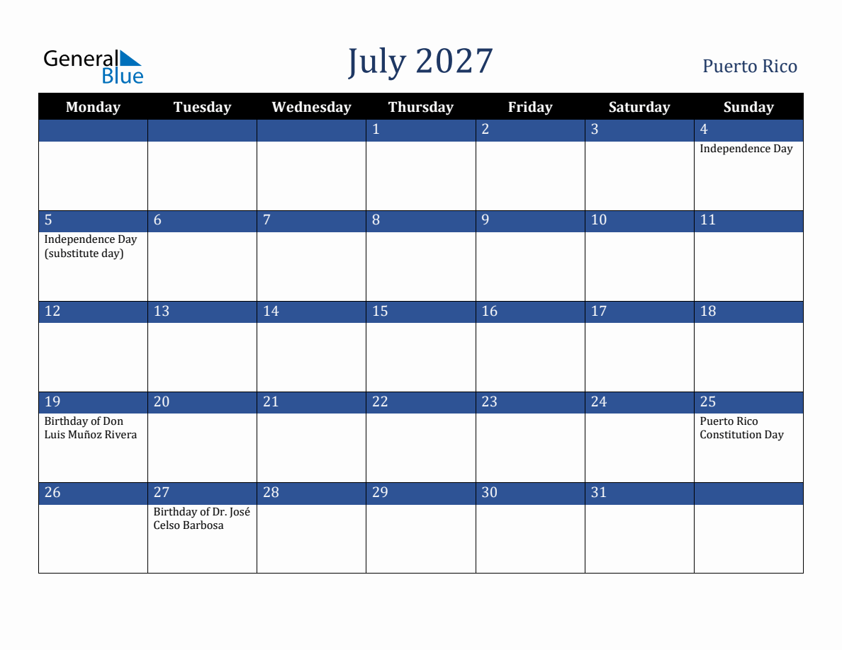 July 2027 Puerto Rico Holiday Calendar (Monday Start)