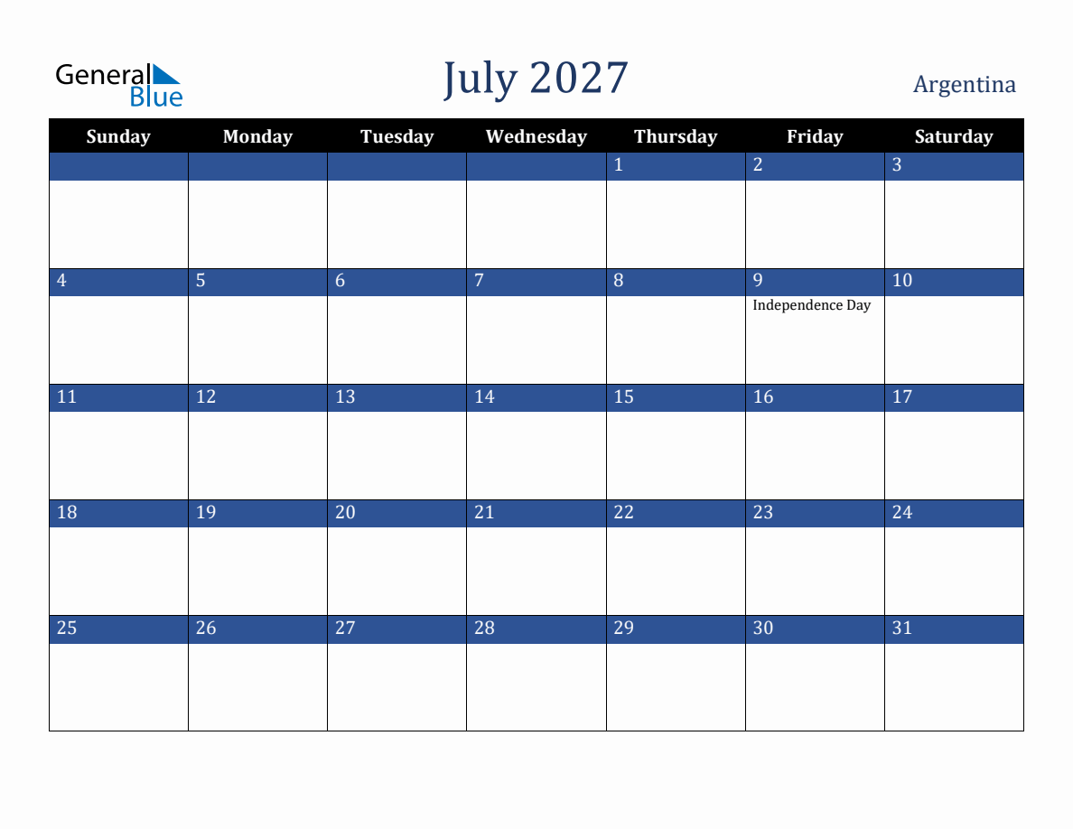 July 2027 Argentina Holiday Calendar