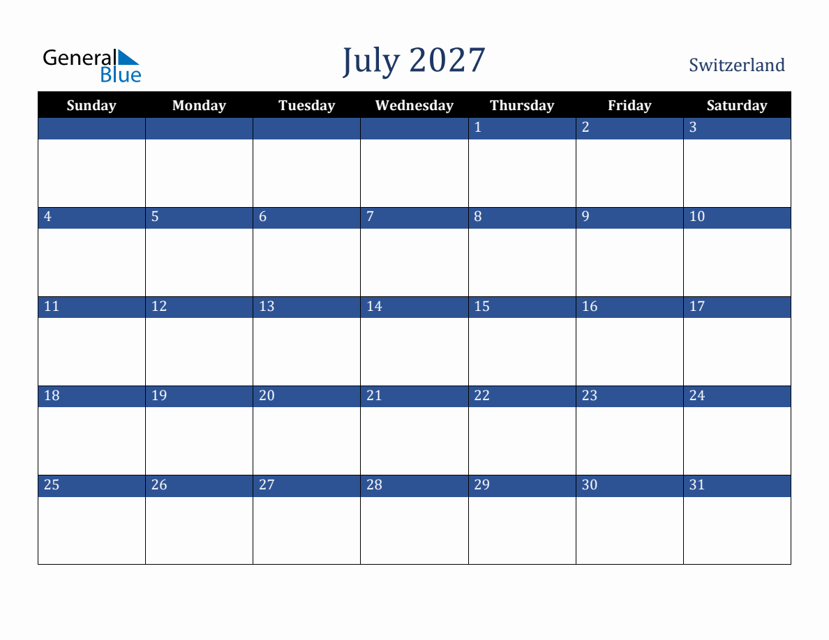 July 2027 Switzerland Holiday Calendar