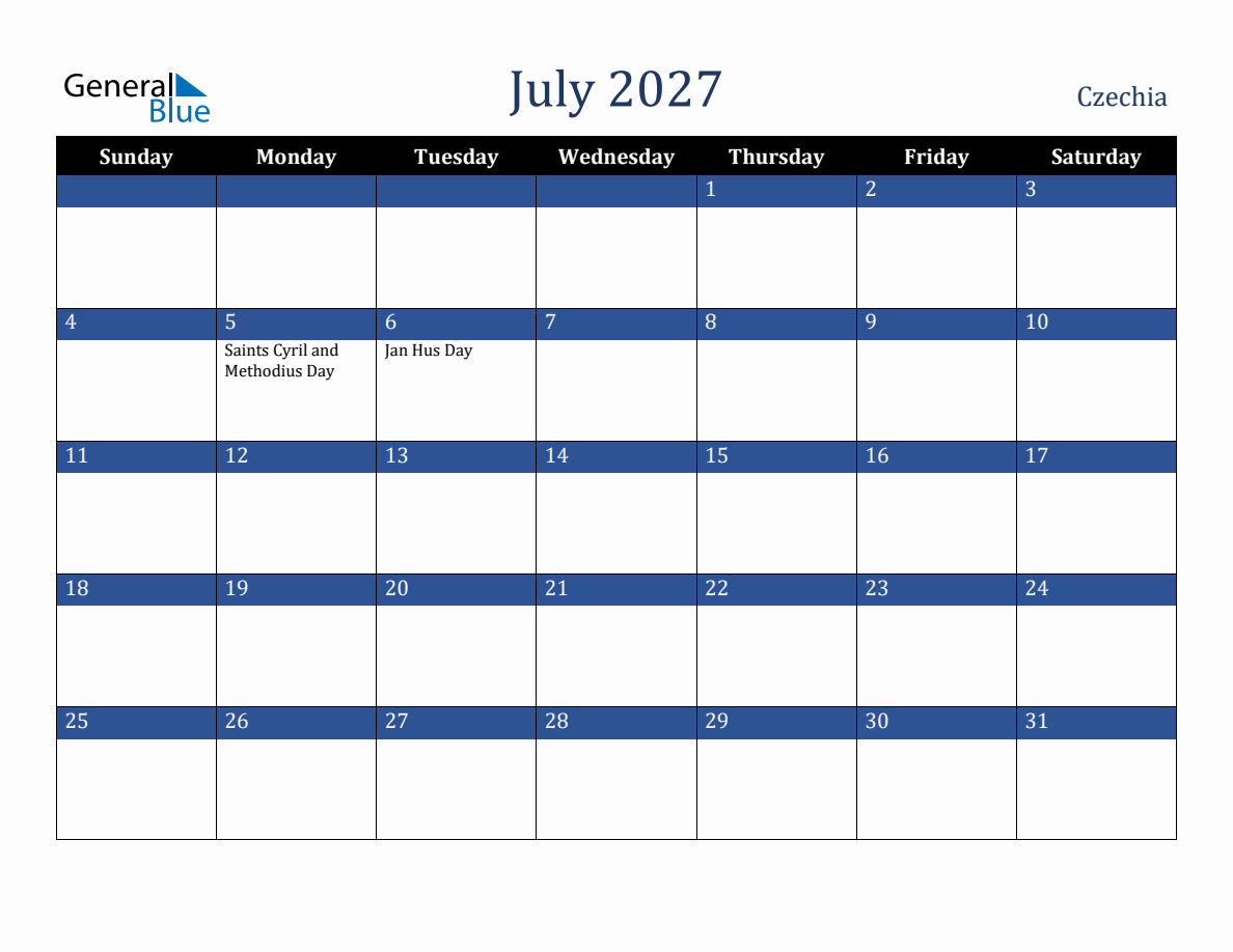 July 2027 Czechia Holiday Calendar