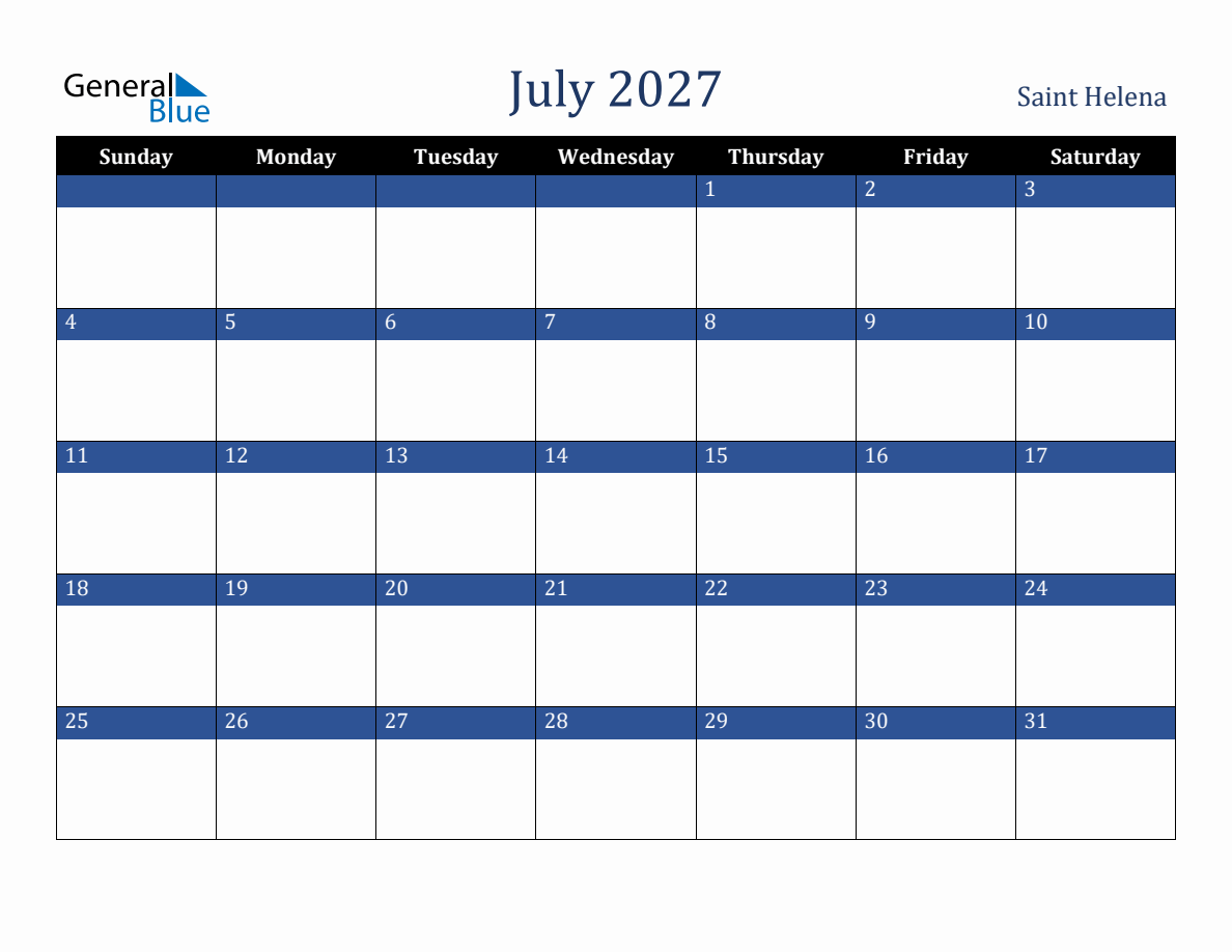 July 2027 Saint Helena Holiday Calendar