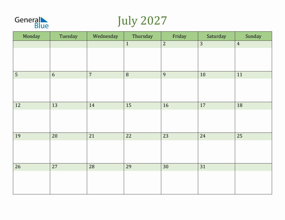 Fillable July 2027 Calendar - Monday Start
