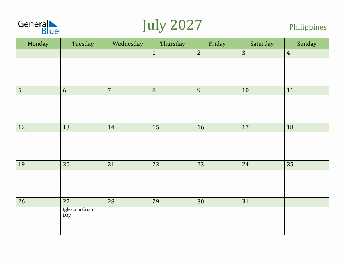 Fillable Holiday Calendar for Philippines - July 2027