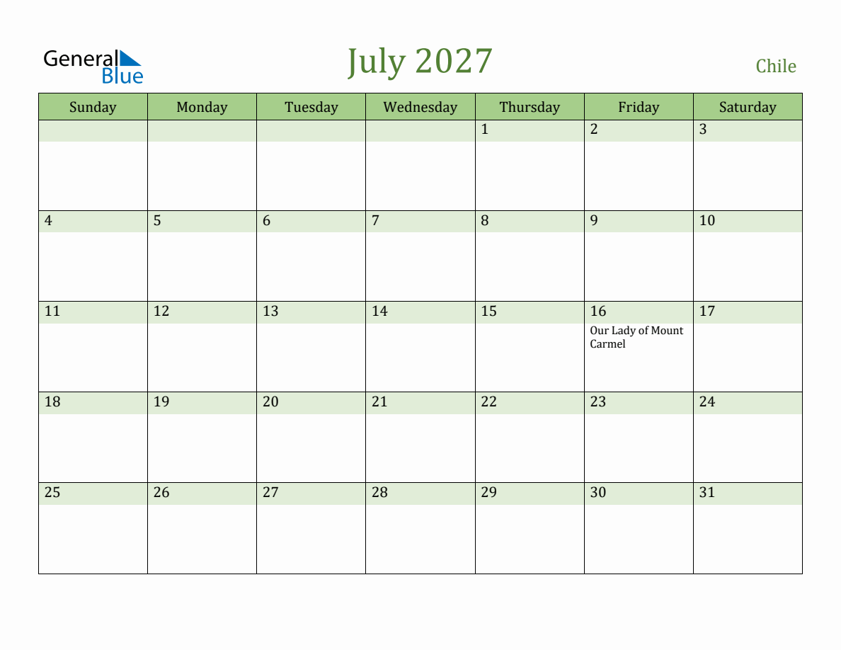 Fillable Holiday Calendar for Chile - July 2027