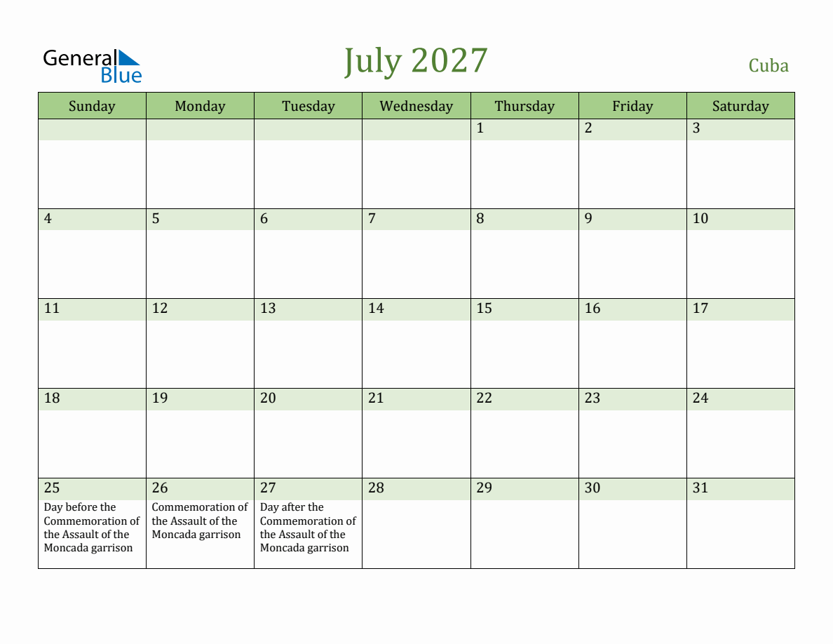 Fillable Holiday Calendar for Cuba - July 2027