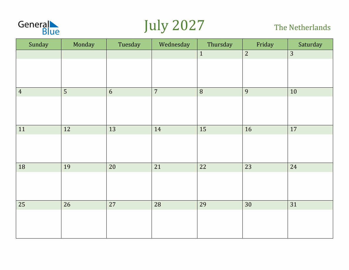 Fillable Holiday Calendar for The Netherlands - July 2027