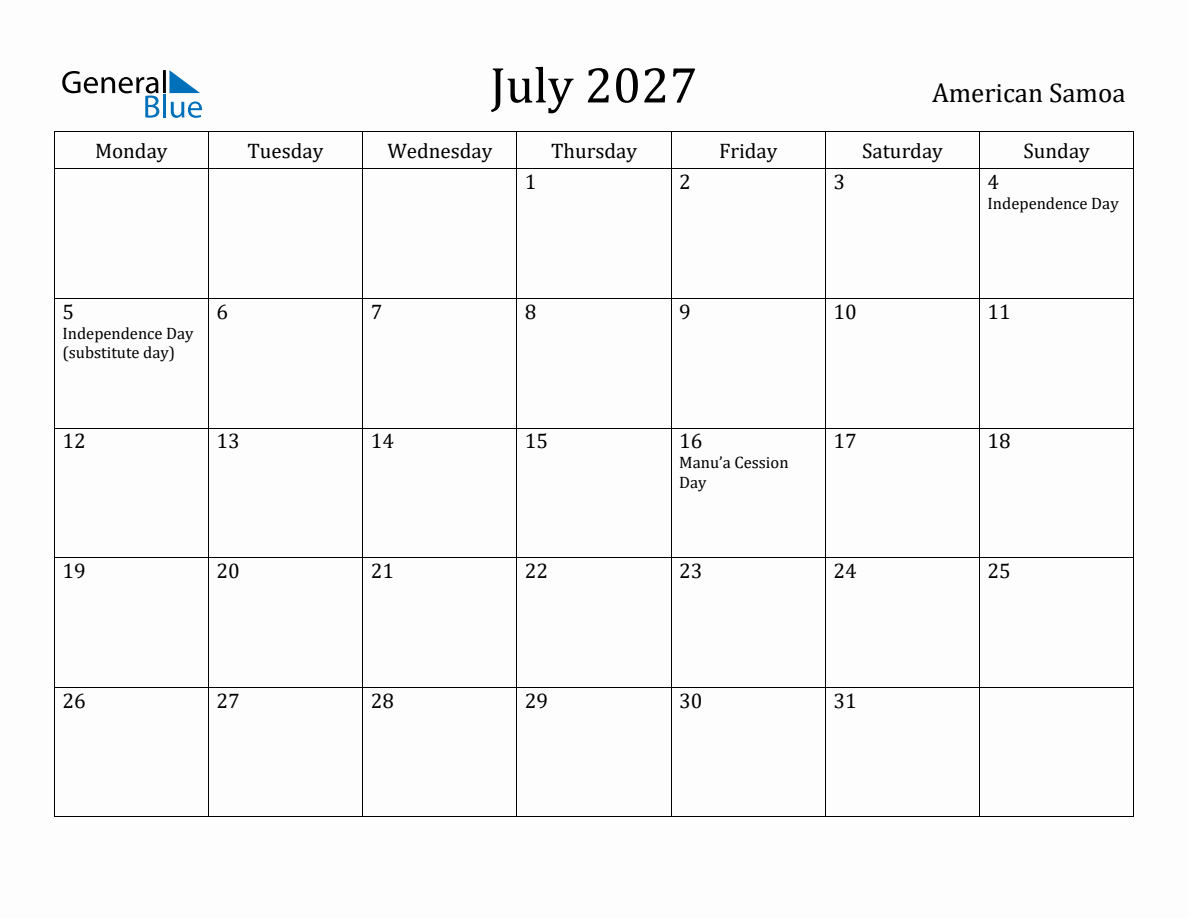 American Samoa Monthly Calendar - July 2027 (Monday Start)