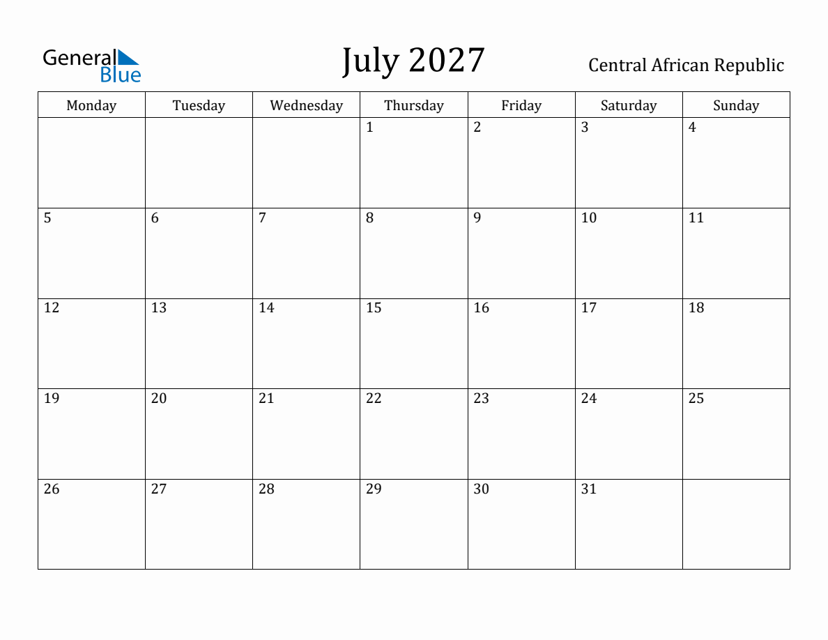 July 2027 Monthly Calendar with Central African Republic Holidays ...