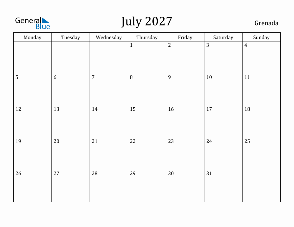 Grenada Monthly Calendar - July 2027 (Monday Start)