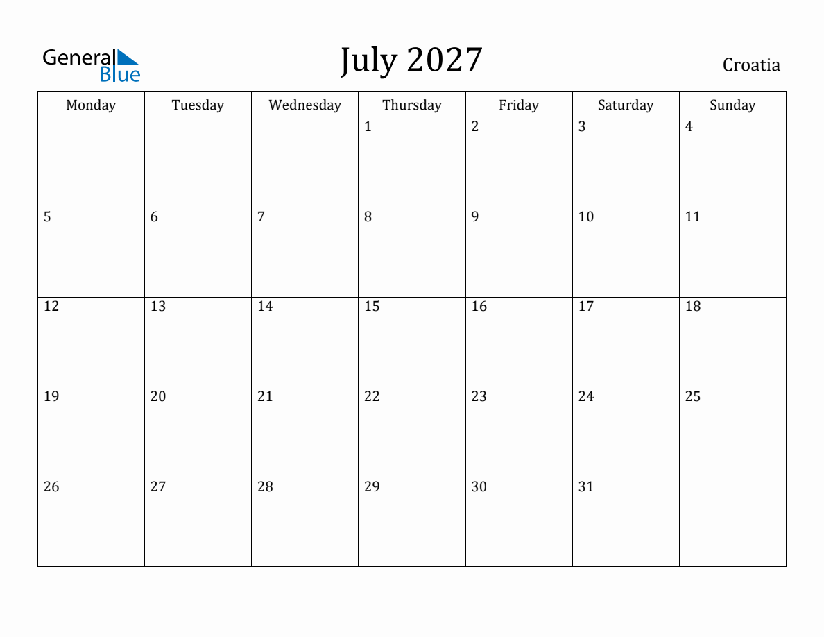 July 2027 Monthly Calendar with Croatia Holidays (Monday Start)