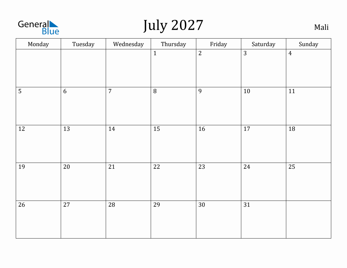 July 2027 Monthly Calendar with Mali Holidays (Monday Start)