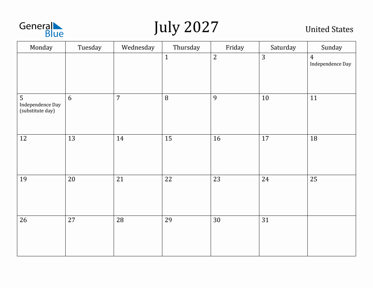 July 2027 Monthly Calendar with United States Holidays (Monday Start)