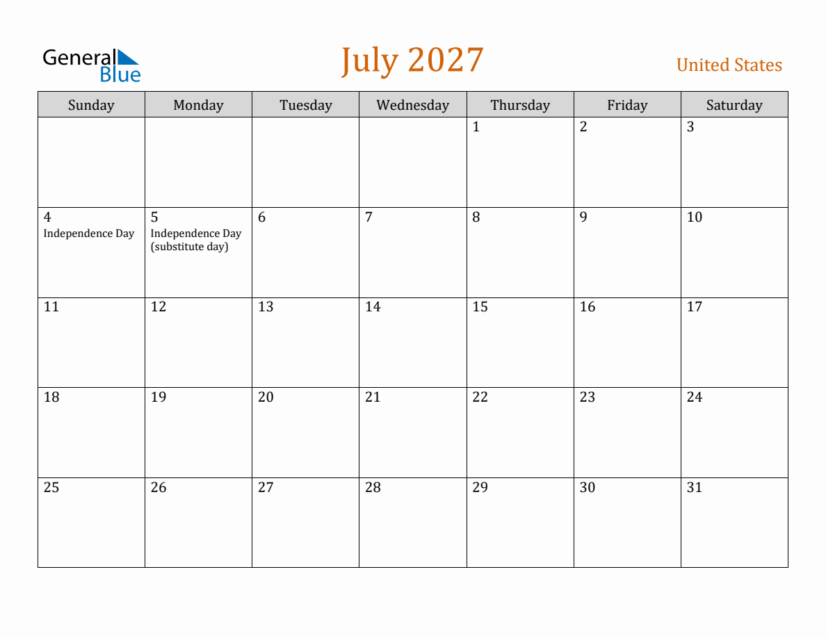 Free July 2027 United States Calendar