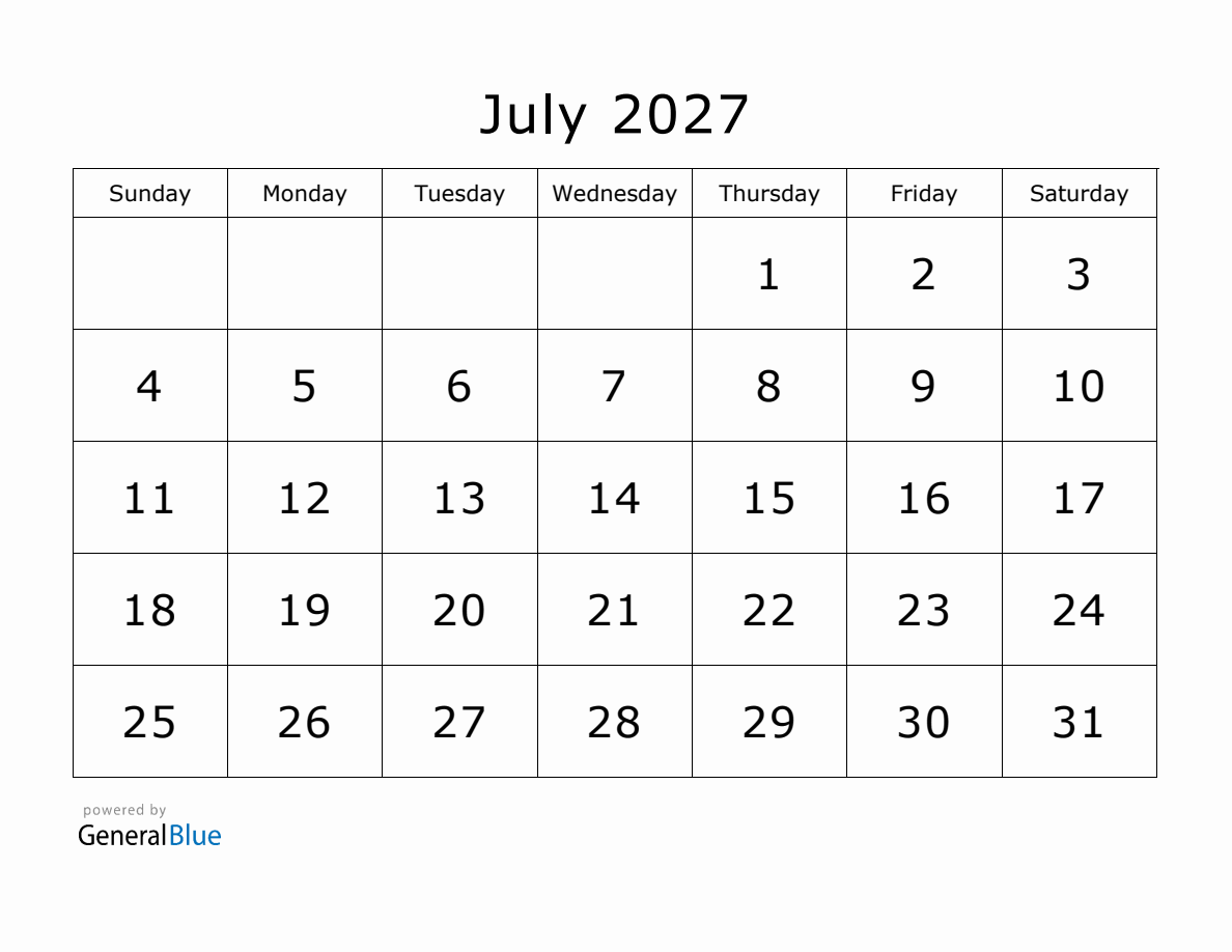 Printable July 2027 Calendar