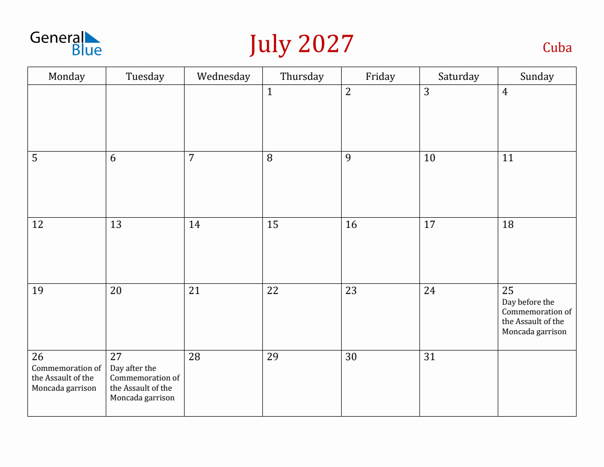 July 2027 Cuba Monthly Calendar with Holidays