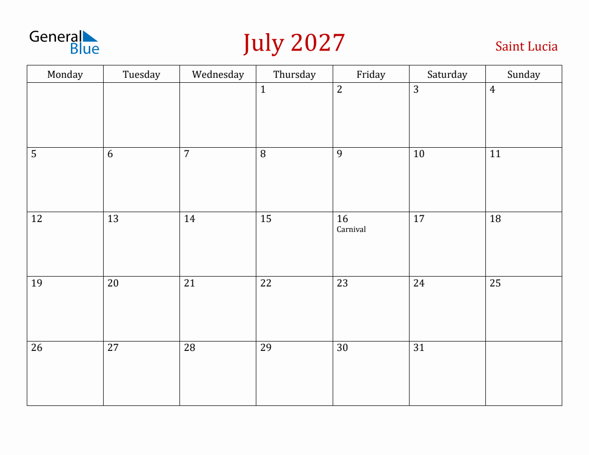 July 2027 Saint Lucia Monthly Calendar with Holidays (Monday Start)