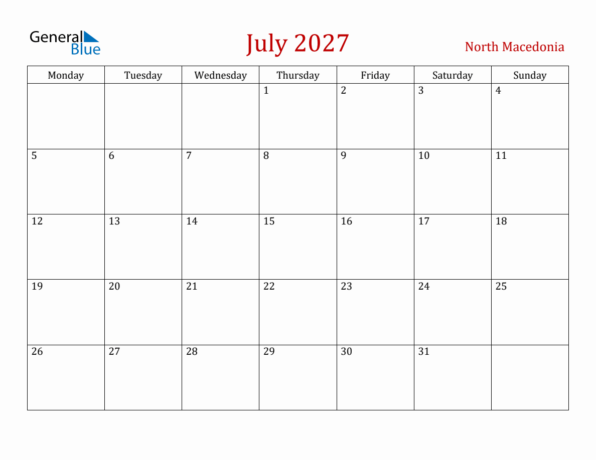 July 2027 North Macedonia Monthly Calendar with Holidays (Monday Start)