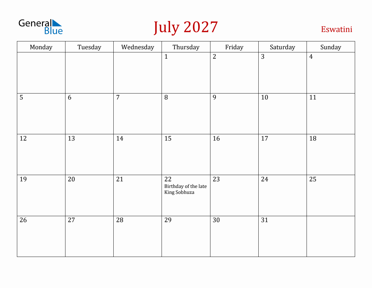 July 2027 Eswatini Monthly Calendar with Holidays (Monday Start)