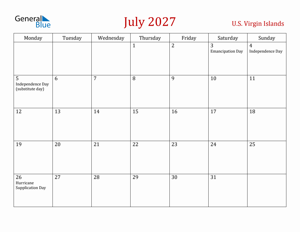 July 2027 U.S. Virgin Islands Monthly Calendar with Holidays (Monday Start)