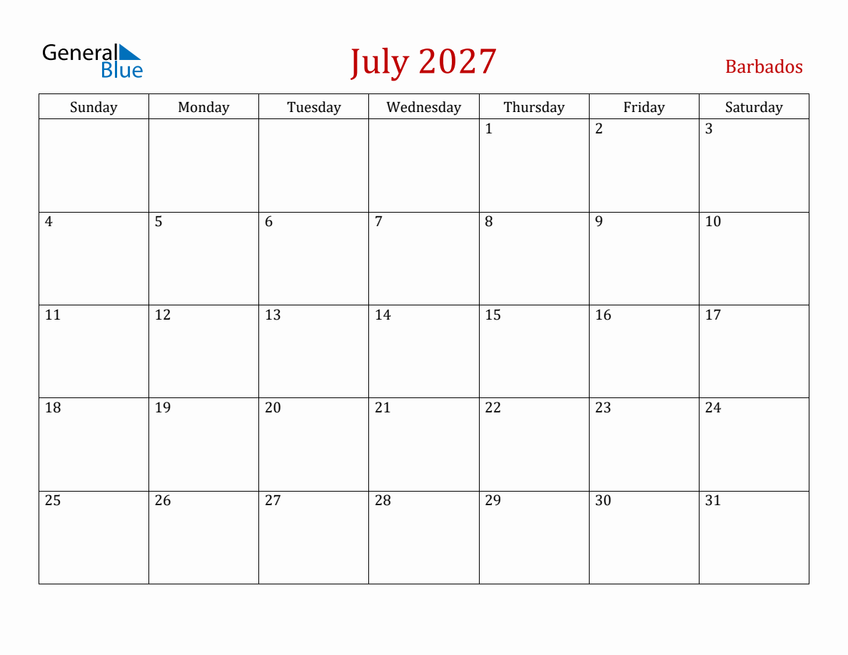 July 2027 Barbados Monthly Calendar with Holidays