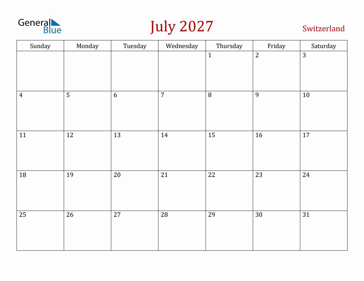 July 2027 Switzerland Monthly Calendar with Holidays