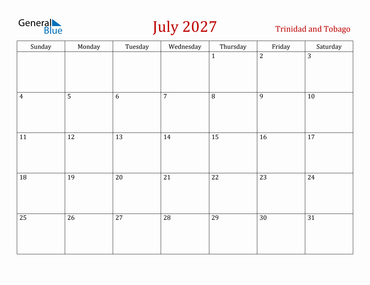 July 2027 Trinidad and Tobago Monthly Calendar with Holidays