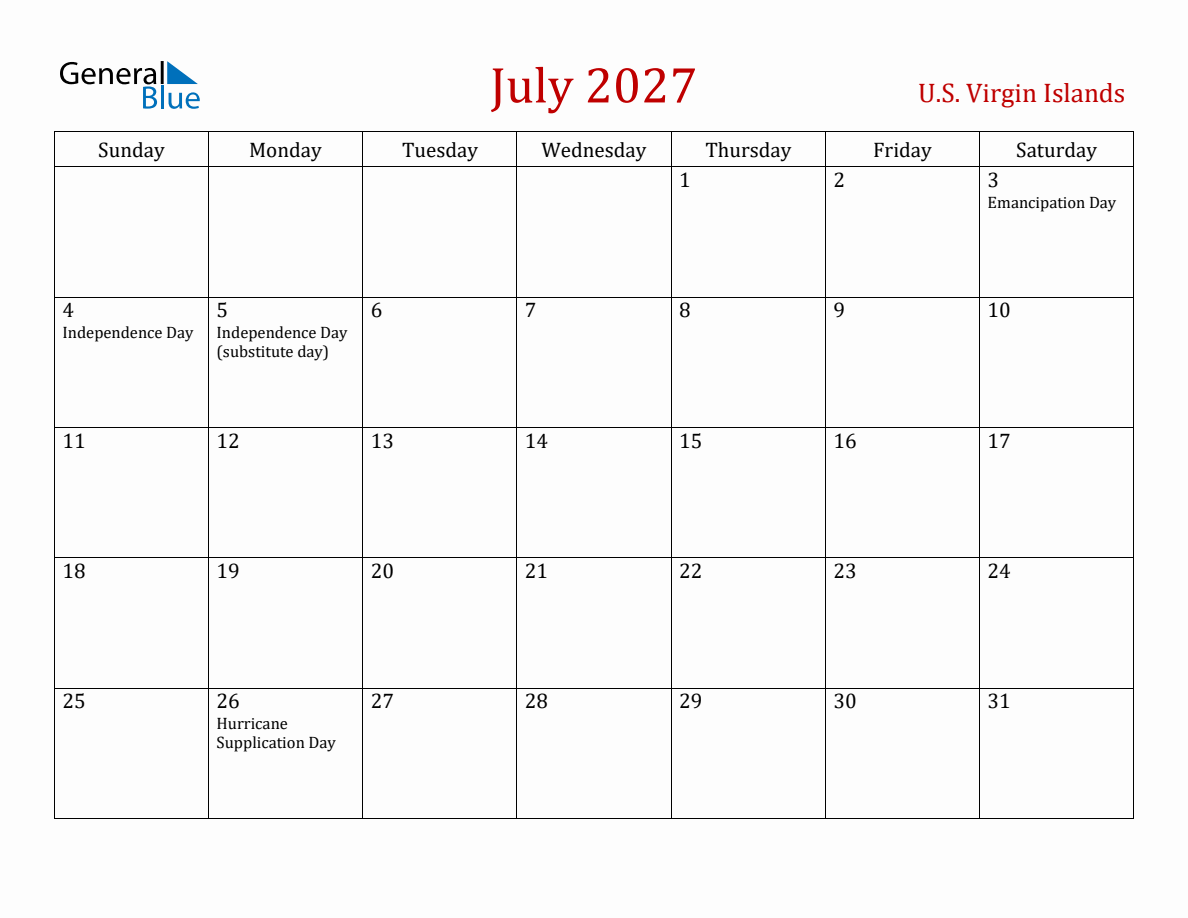 July 2027 U.S. Virgin Islands Monthly Calendar with Holidays