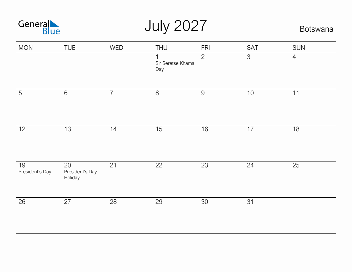 Printable July 2027 Monthly Calendar with Holidays for Botswana (Monday ...