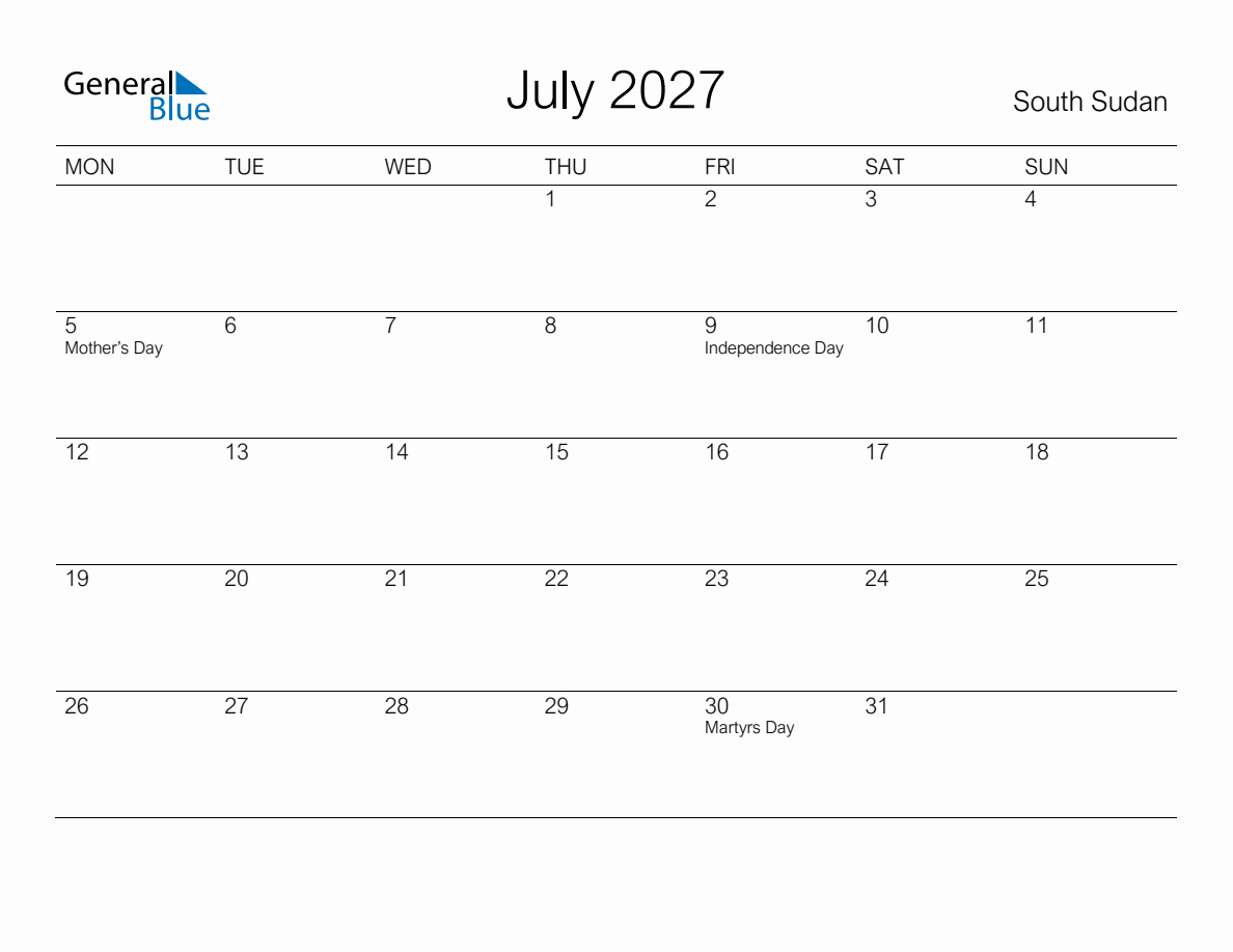 Printable July 2027 Monthly Calendar with Holidays for South Sudan ...