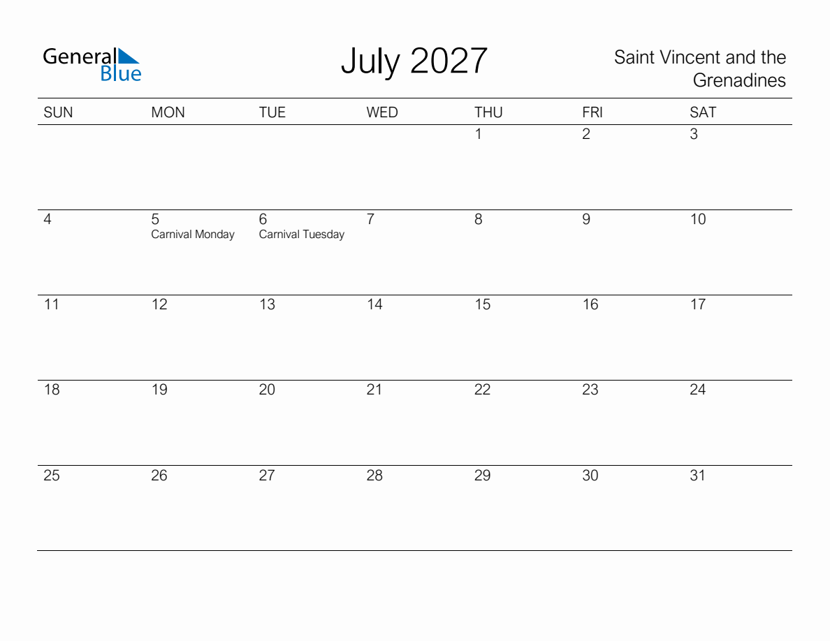 Printable July 2027 Monthly Calendar with Holidays for Saint Vincent ...