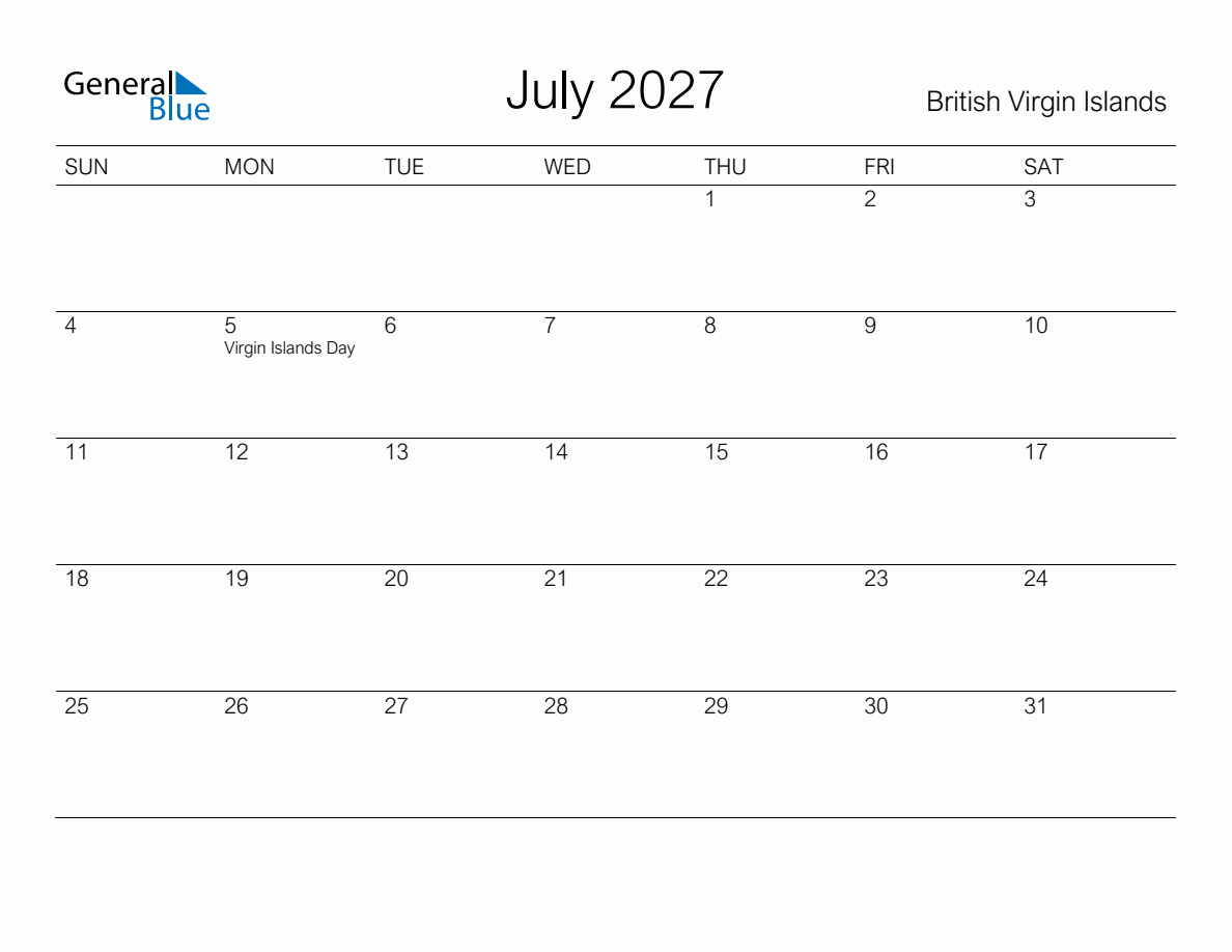 Printable July 2027 Monthly Calendar with Holidays for British Virgin ...