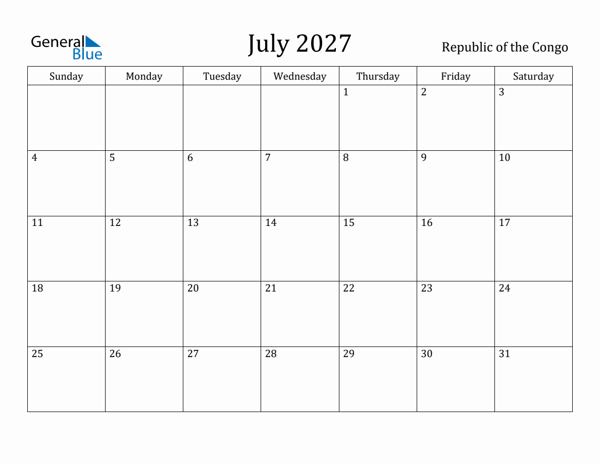 July 2027 Monthly Calendar with Republic of the Congo Holidays