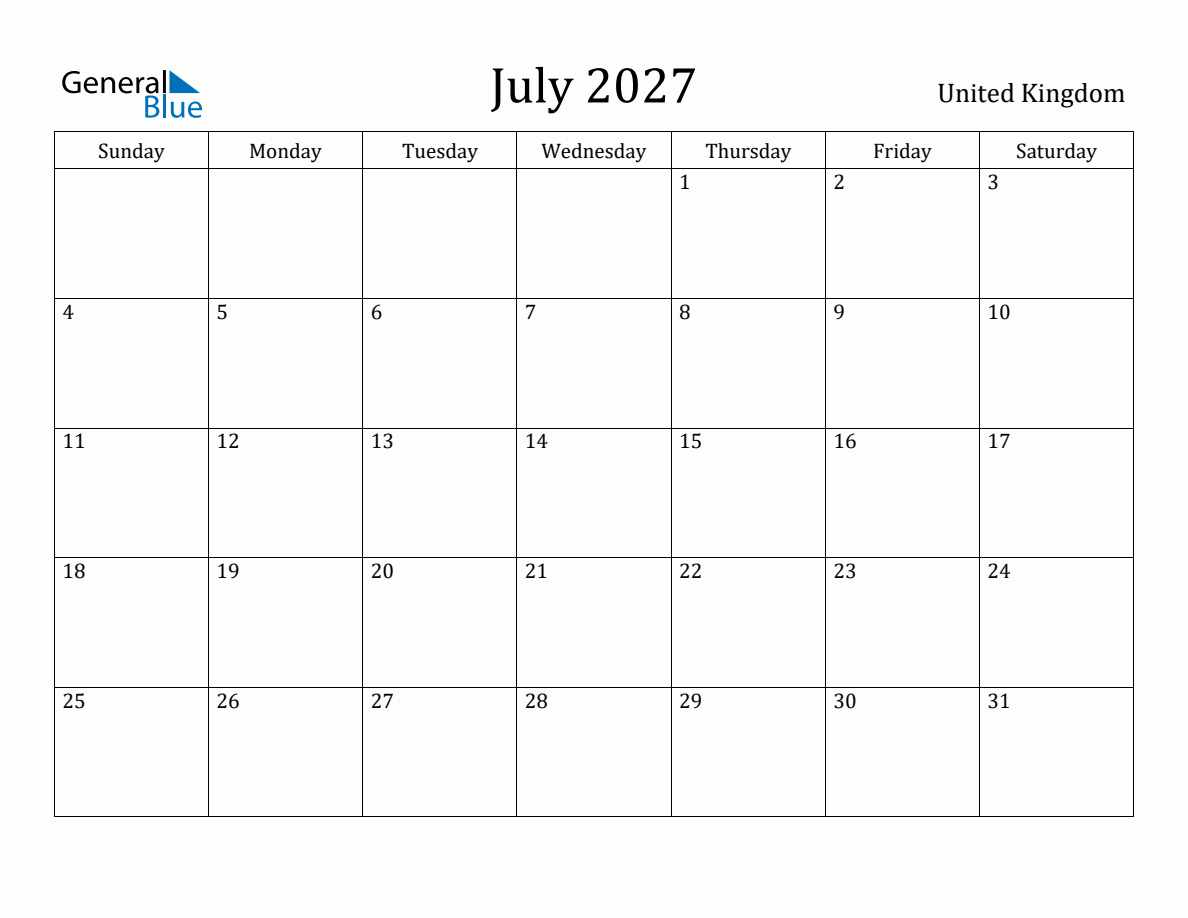 July 2027 Monthly Calendar with United Kingdom Holidays