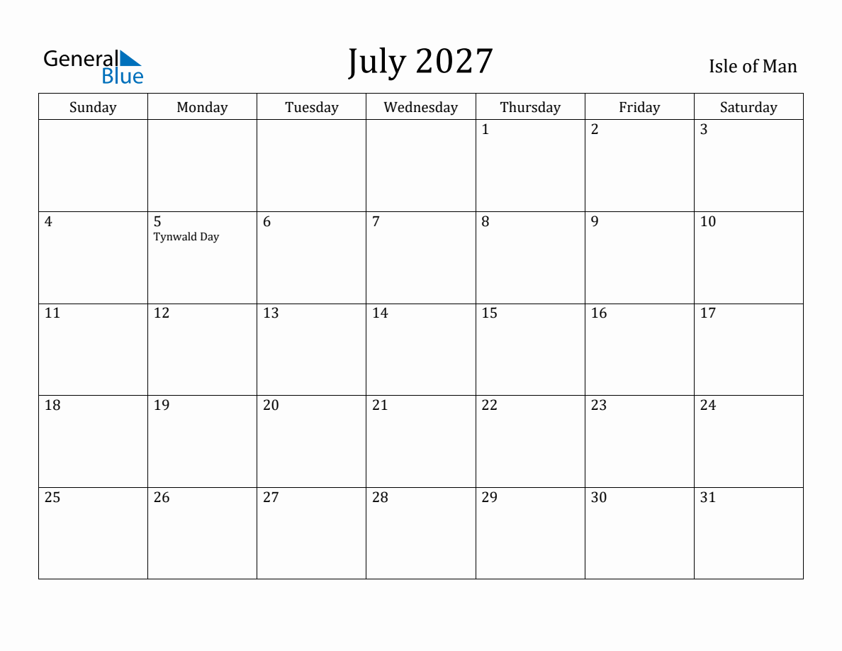 July 2027 Monthly Calendar with Isle of Man Holidays