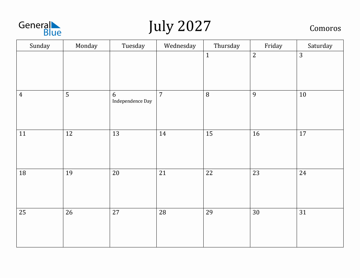 July 2027 Monthly Calendar with Comoros Holidays