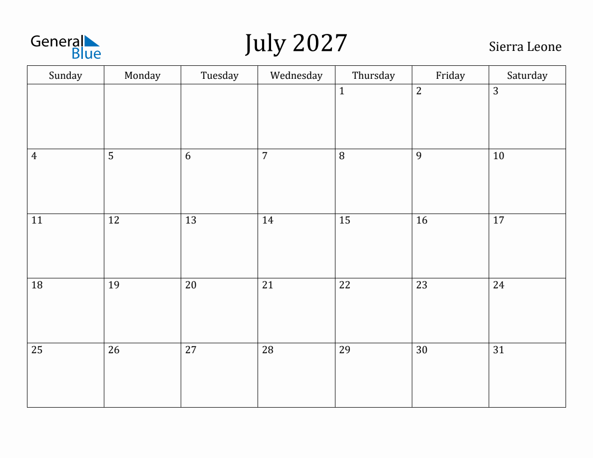 July 2027 Monthly Calendar with Sierra Leone Holidays