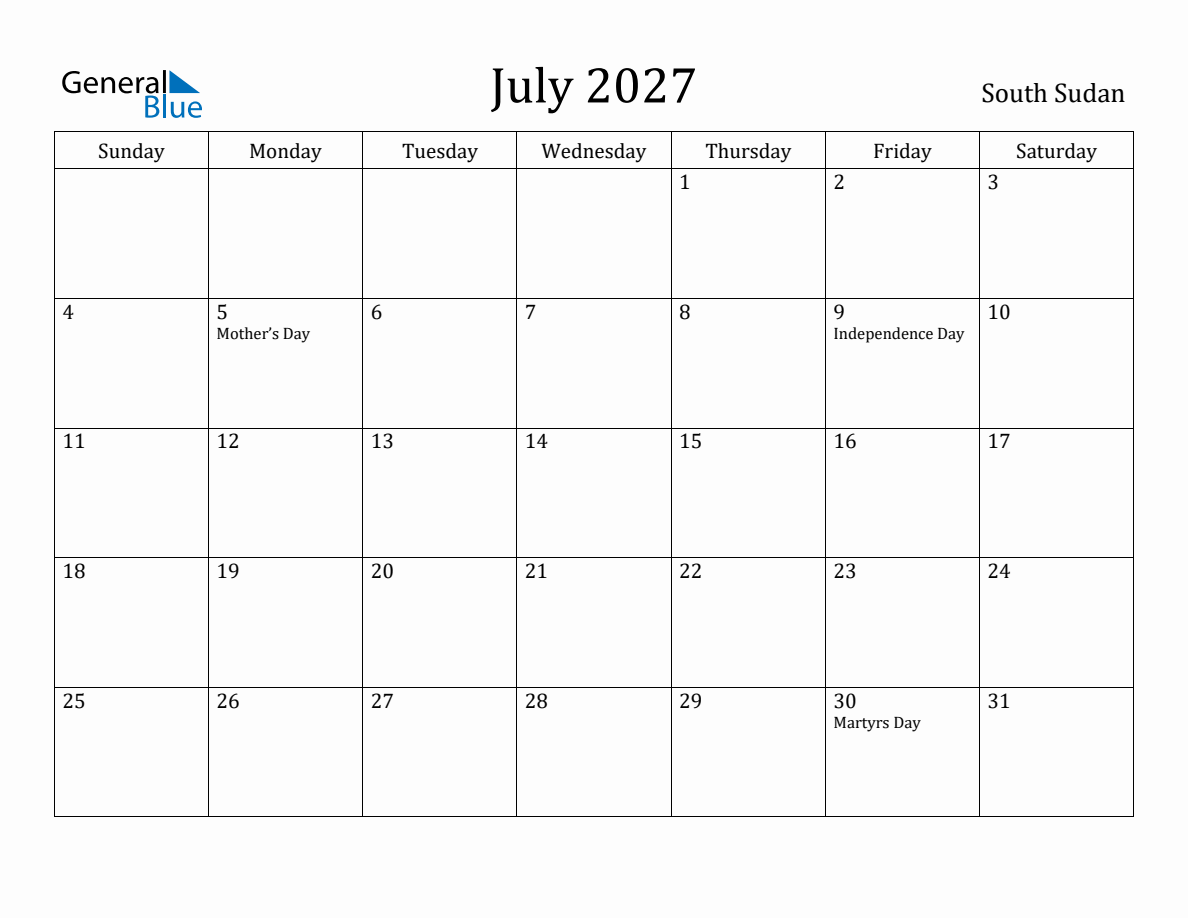 July 2027 Monthly Calendar with South Sudan Holidays