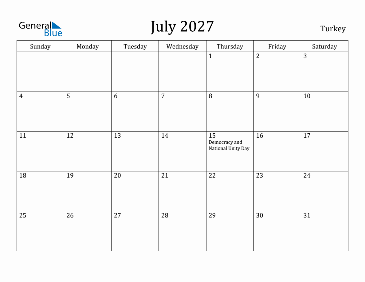 July 2027 Monthly Calendar with Turkey Holidays