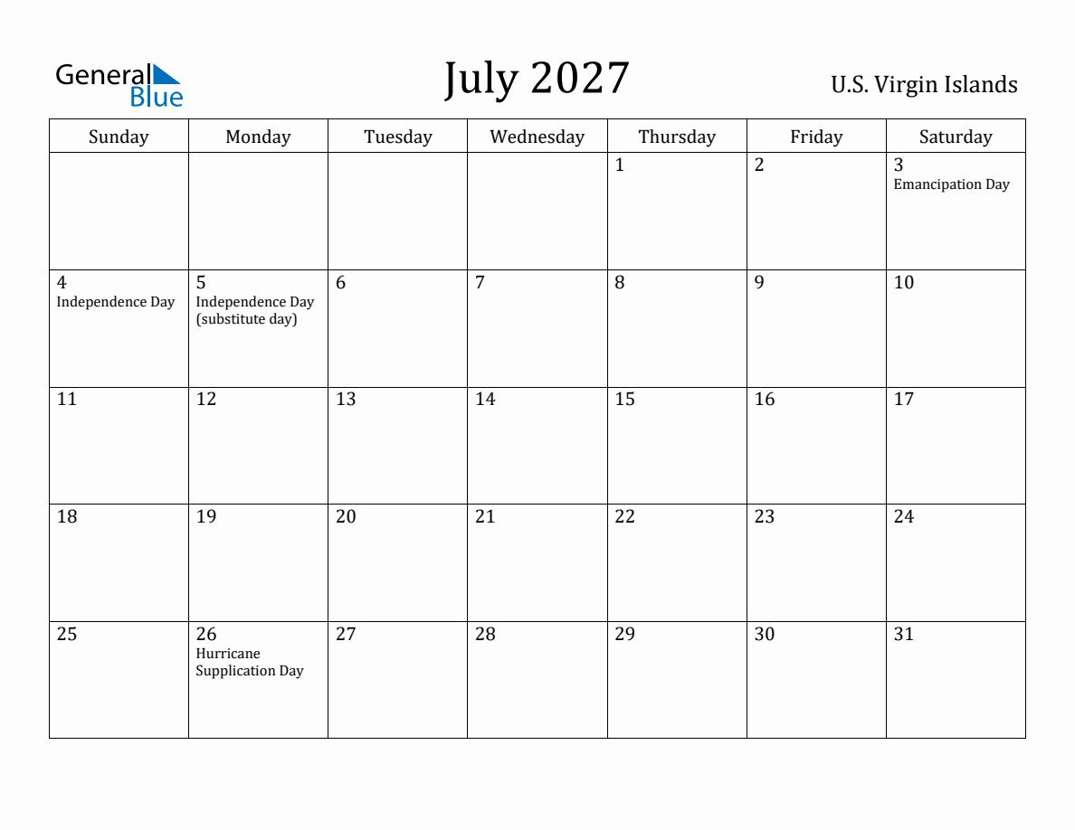 July 2027 Monthly Calendar with U.S. Virgin Islands Holidays