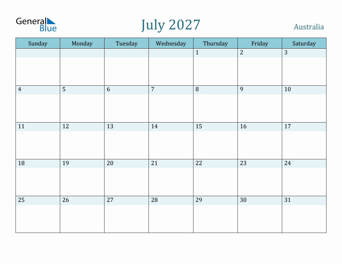 Australia Holiday Calendar for July 2027