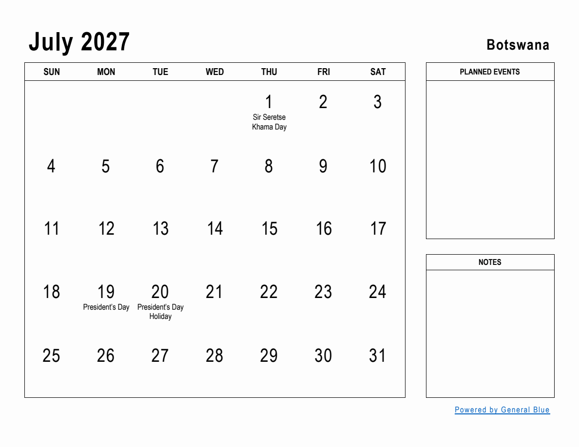 July 2027 Planner with Botswana Holidays