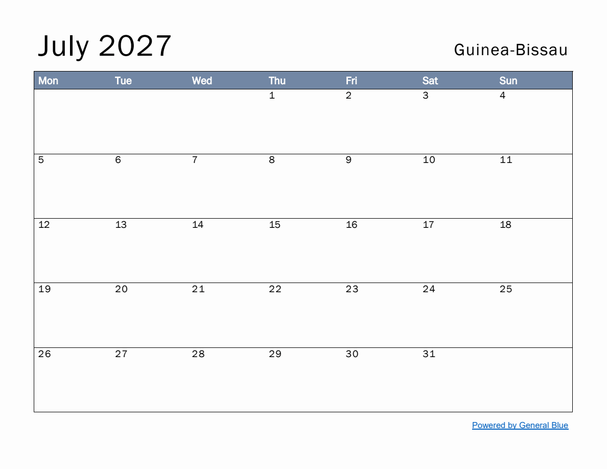 Free Monthly Calendar Template for July 2027 with Guinea-Bissau ...