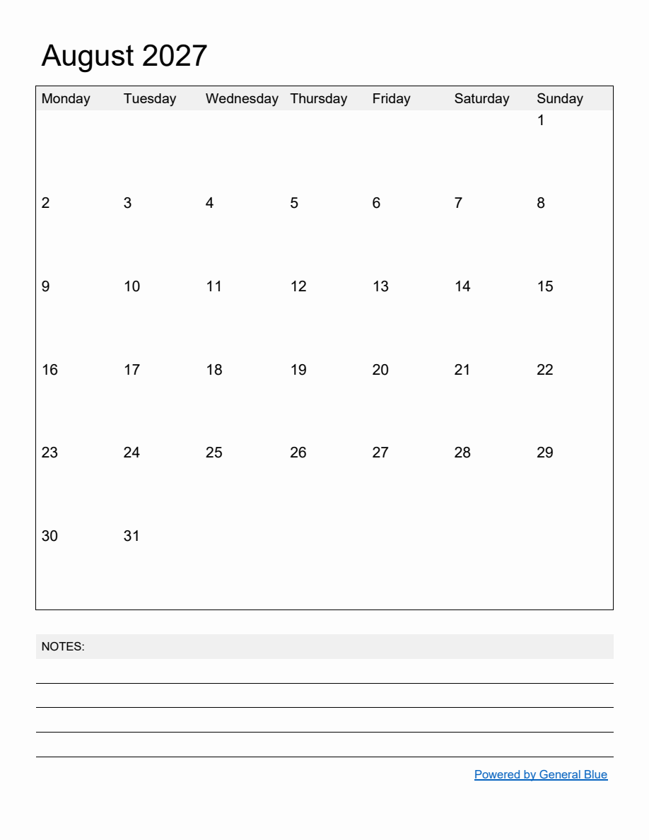 Free Printable Monthly Calendar for August 2027 - Monday Start